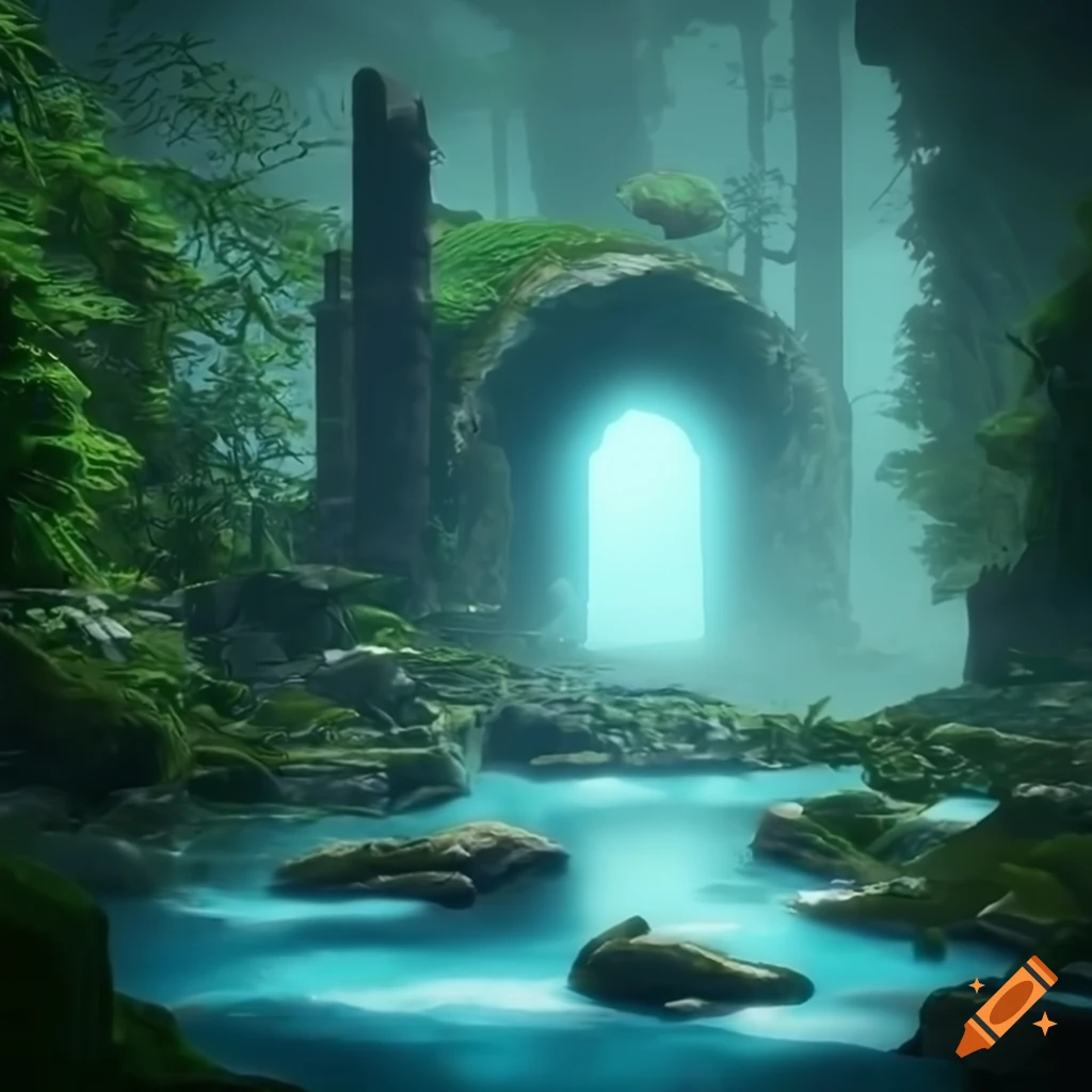 Image of a fantasy portal in a cove with flowing water