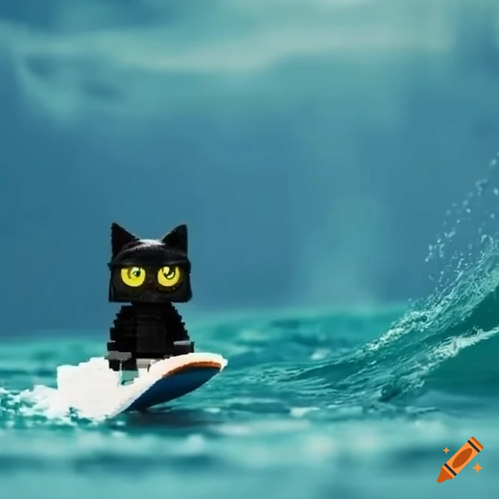 Black cat surfing in lego ocean on Craiyon