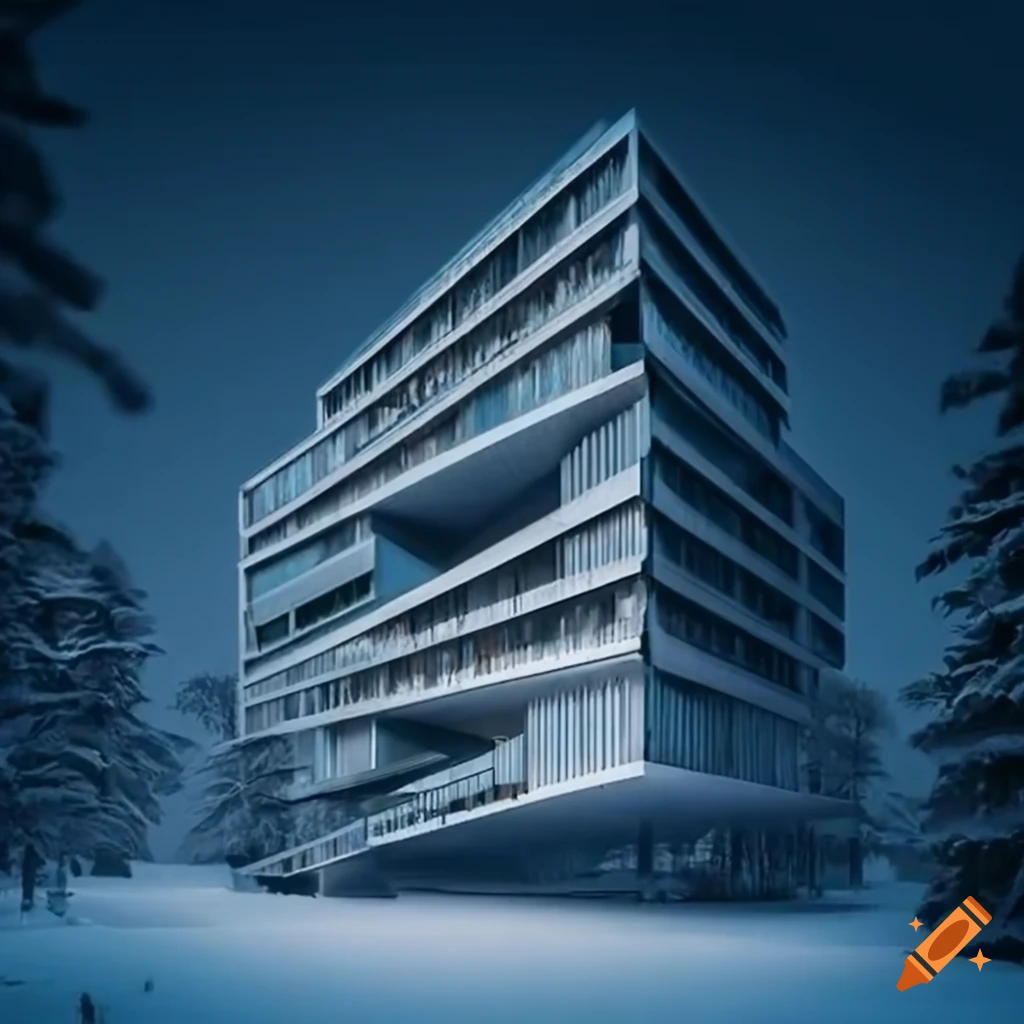 Snowy forest with modern architecture building on Craiyon