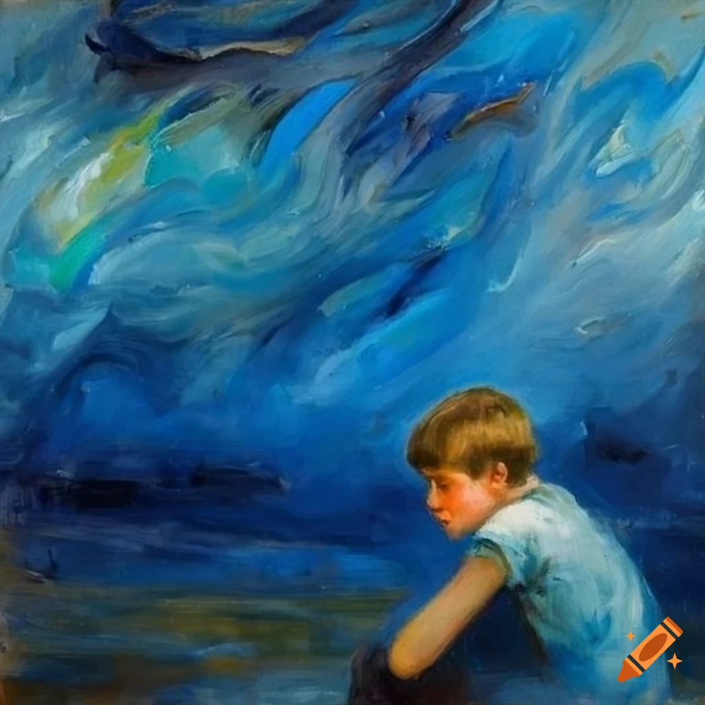 Abstract oil painting of a teenage boy in a blue storm on Craiyon