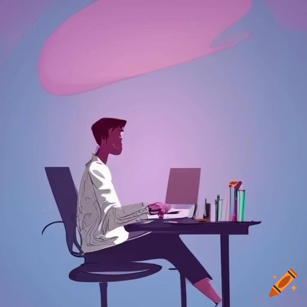 Graphic design of a man sitting at a desk with a computer on Craiyon