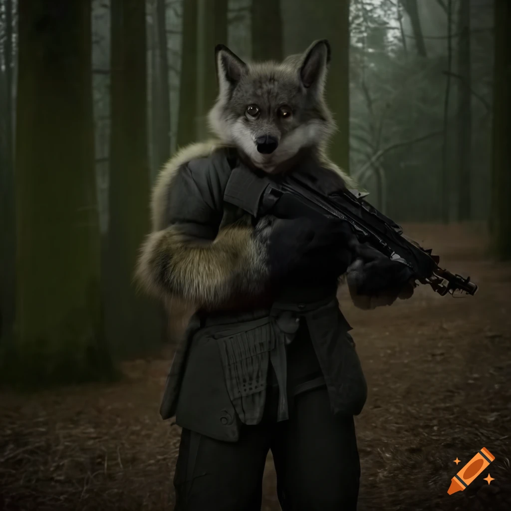 Anthropomorphic wolf in combat fatigues with assault rifle on Craiyon