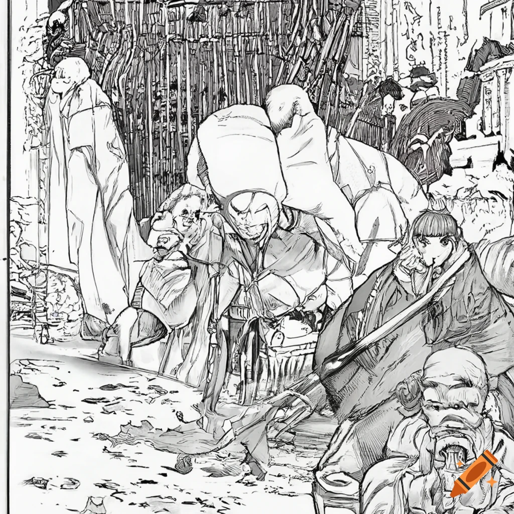 Black and white manga panel from an adventure comic on Craiyon