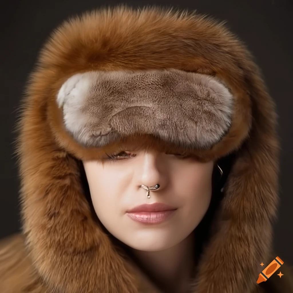 Woman wearing a fur coat with a sleep mask on Craiyon