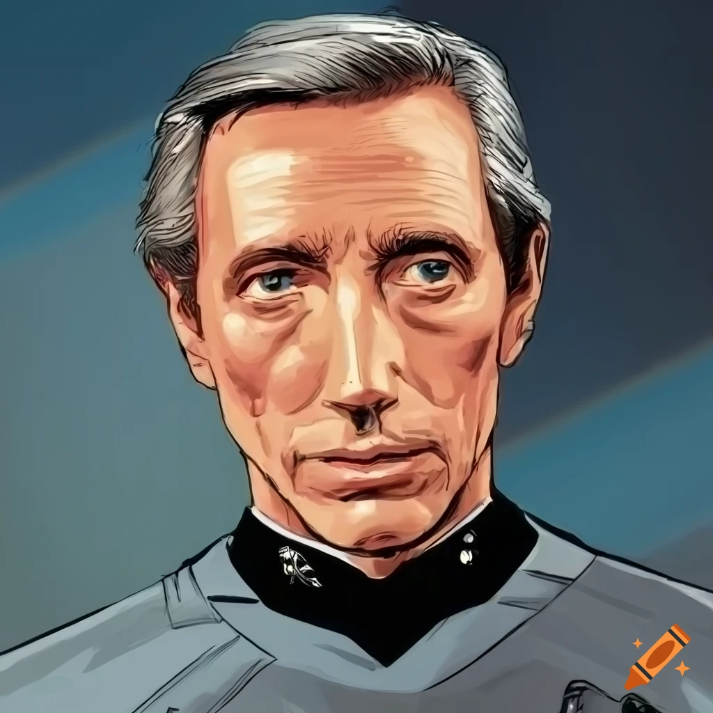 Cartoon-style illustration of Roy Scheider as captain of the Starship ...