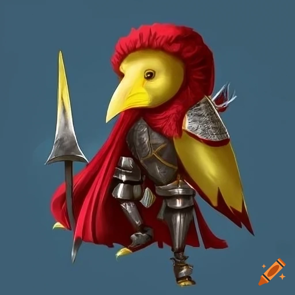 Image of a yellow bird in medieval armor with a sword