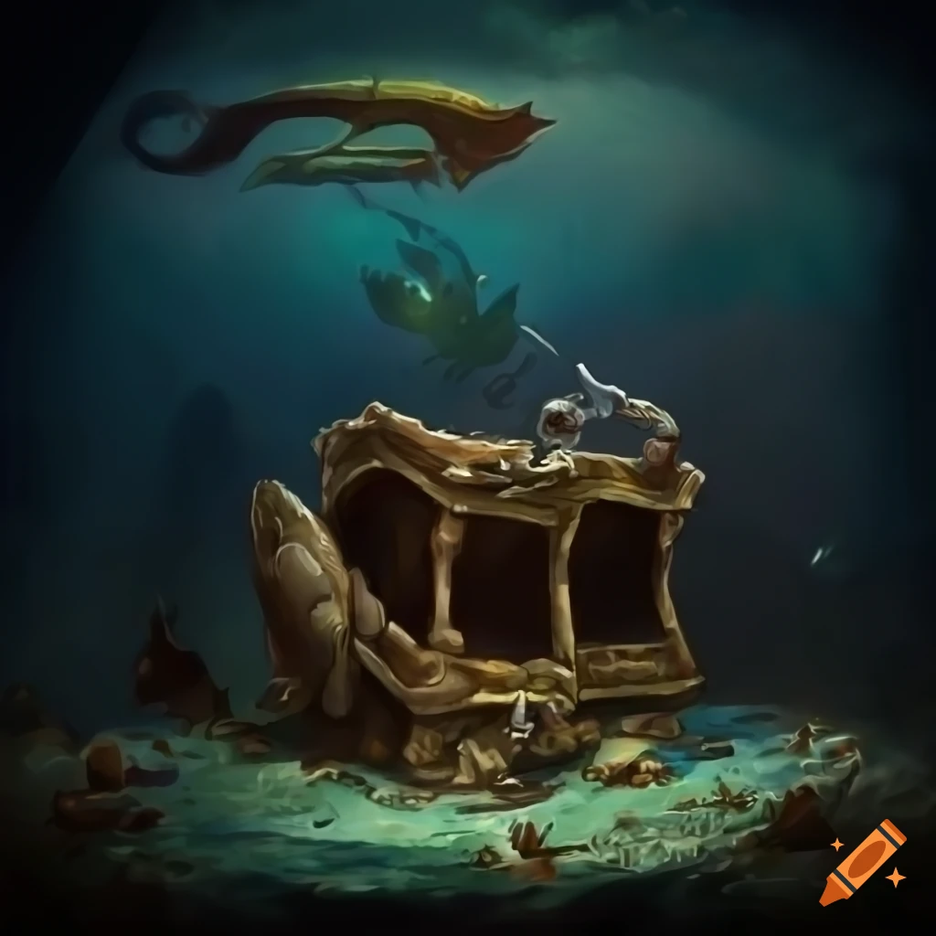 Fantasy art of a chest being plundered from the seabed
