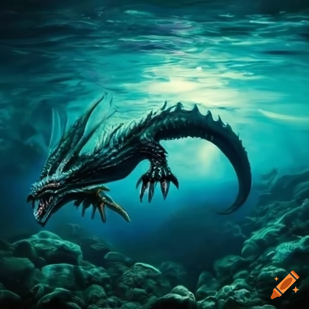 Blue dragon flying over the ocean breathing water on Craiyon