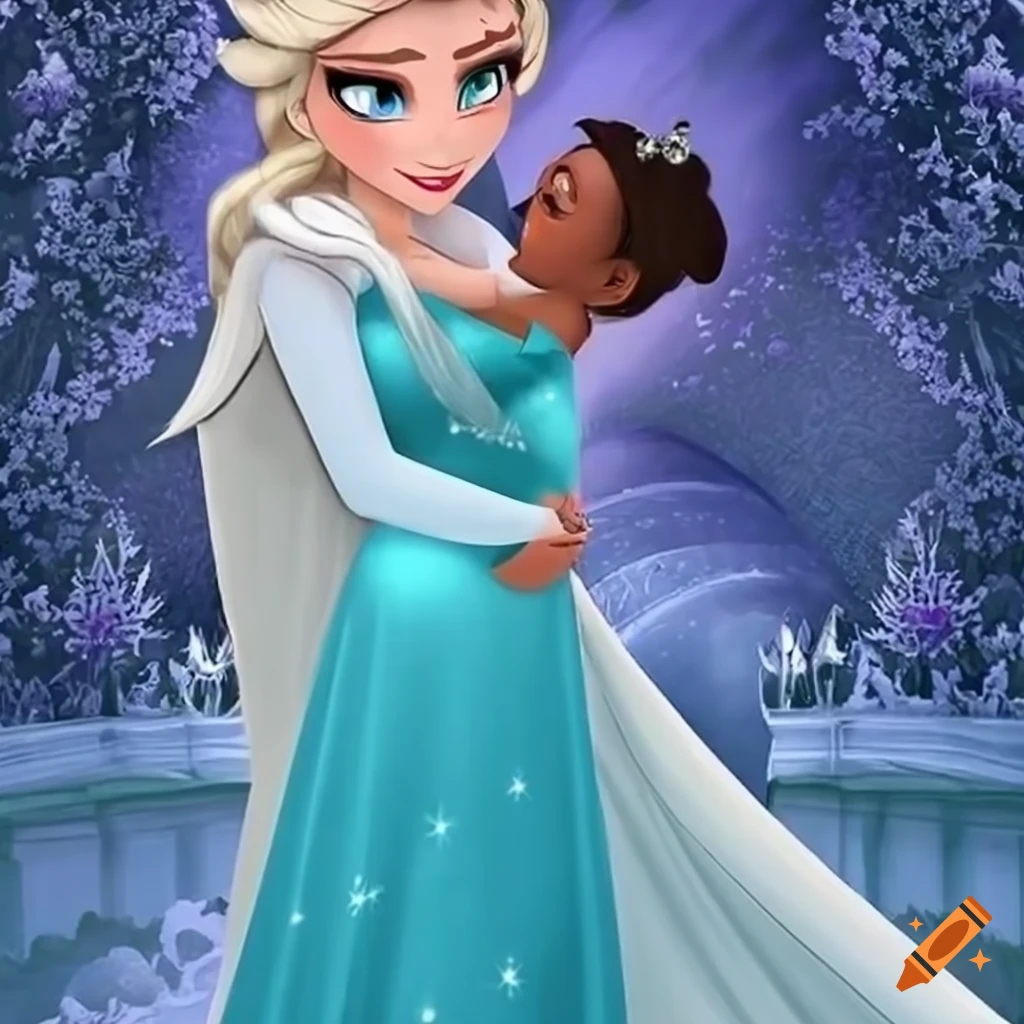 Digital art of queen elsa and pregnant tiana embracing on Craiyon