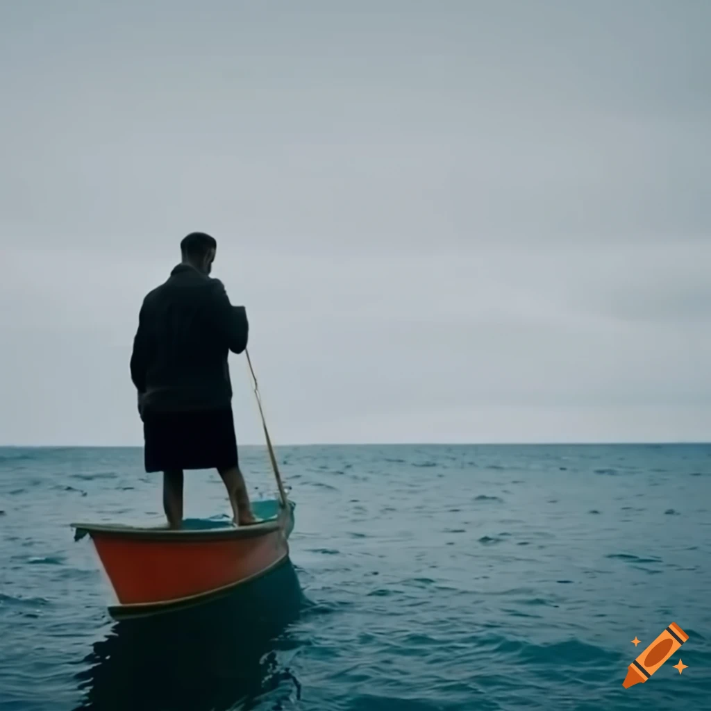 Cinematic photograph of a man in a row boat in the ocean on Craiyon
