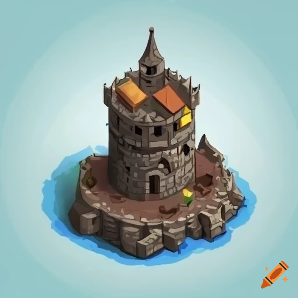 Realistic black tall ancient tower in vector isometric view on Craiyon