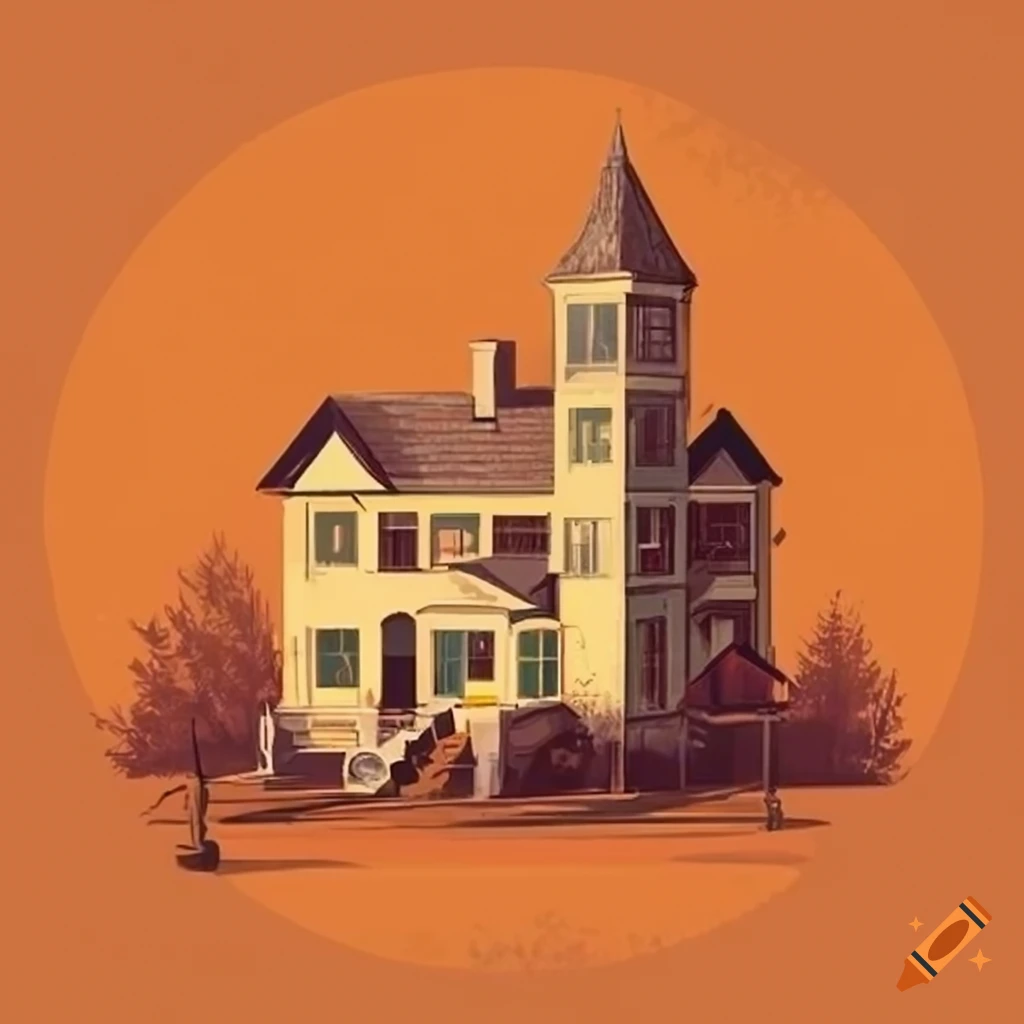 Vintage inspired poster of a small town with coffee shop and autumn ...
