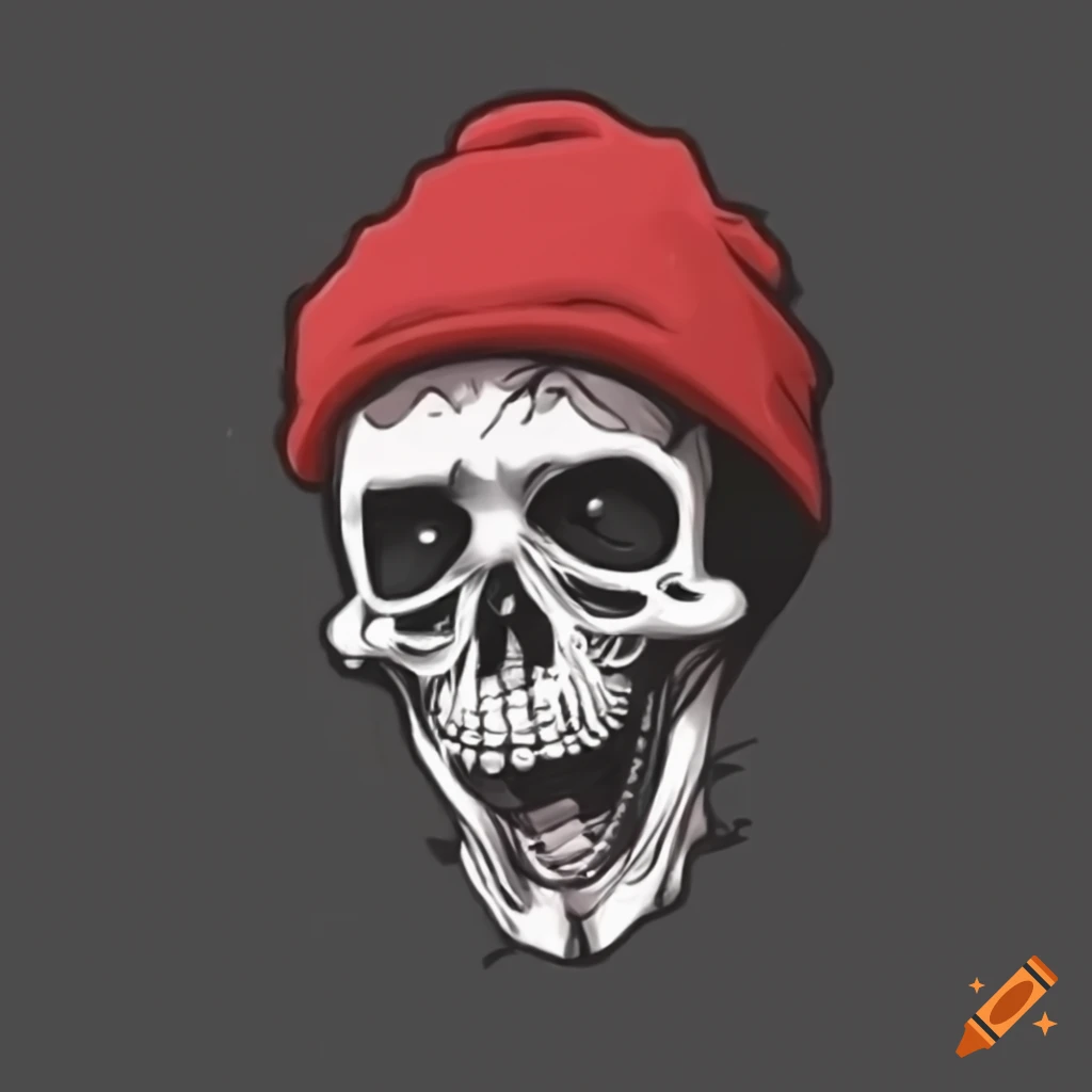 Illustration of a smiling skeleton with a red beanie on Craiyon