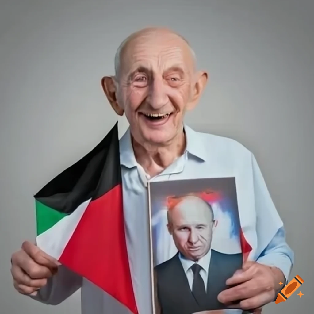 Portrait of a smiling grandpa holding a picture of Vladimir Putin on ...