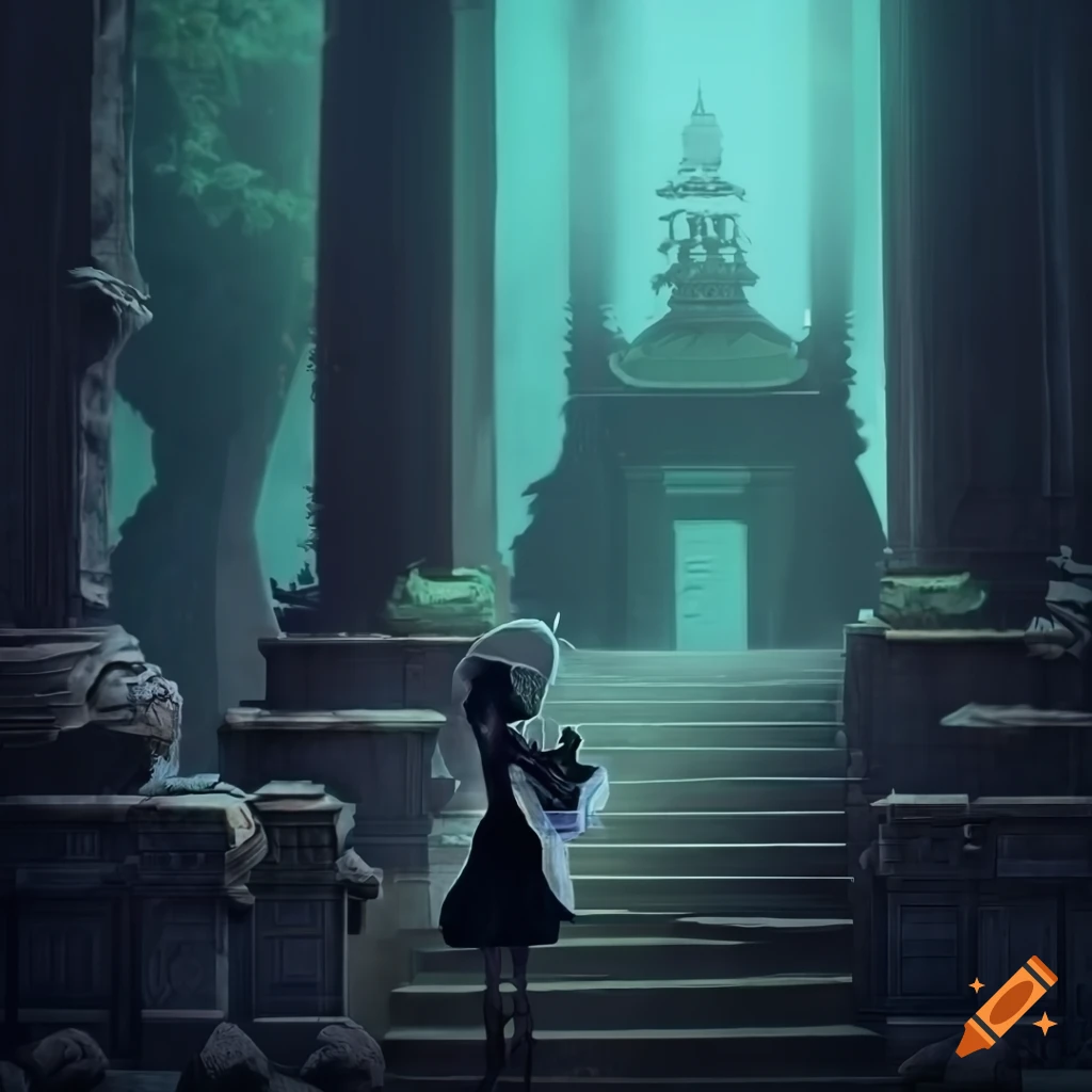 Concept art of a gothic anime cat girl in a ruined temple on Craiyon