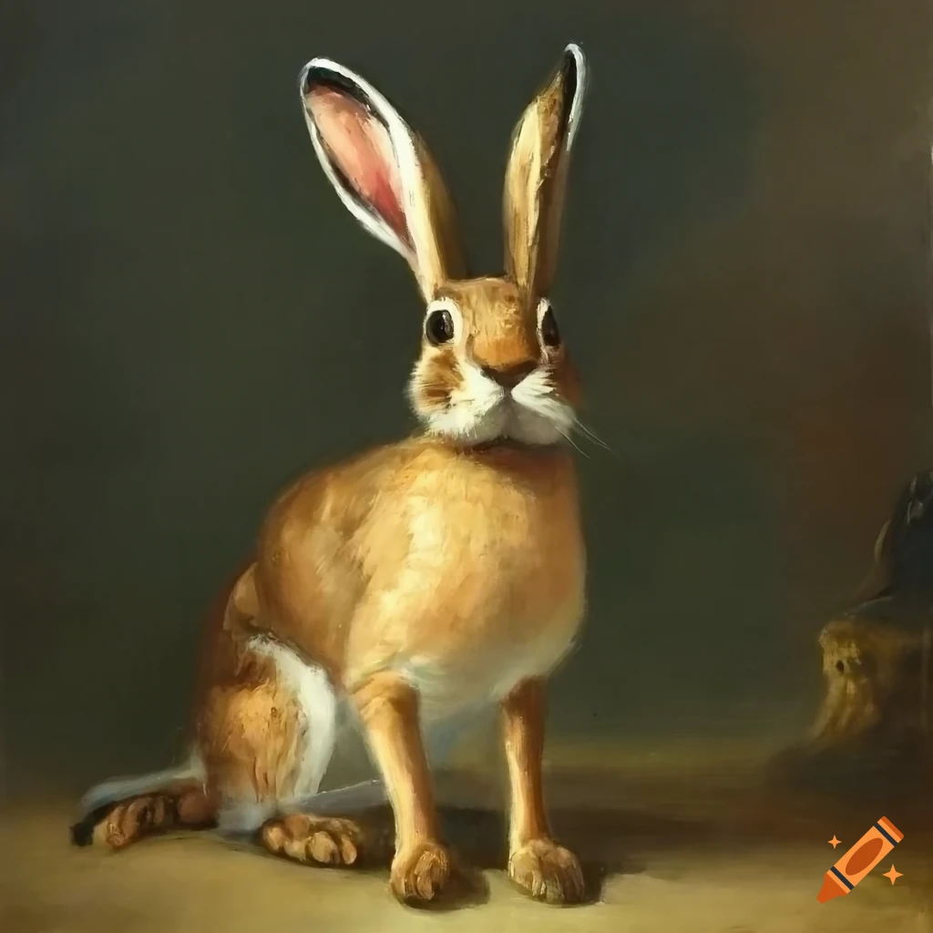 1800s oil painting portrait of a white hare looking up to a red bus on ...