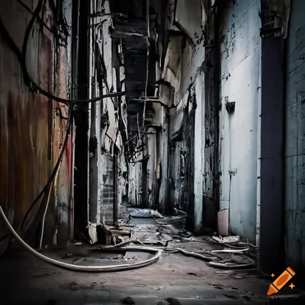 Creepy industrial hallway with mysterious cables on Craiyon