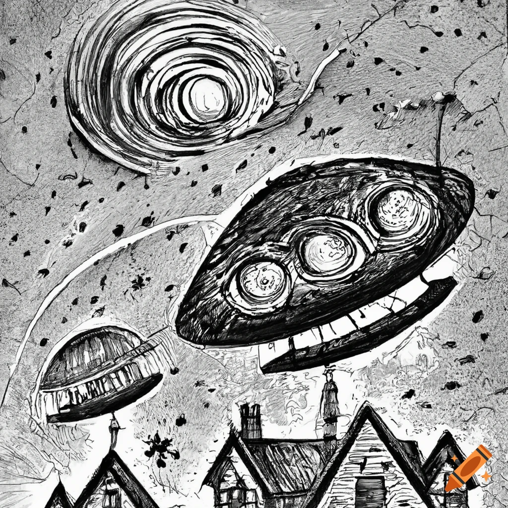 Ink drawing of a UFO above a house on Craiyon