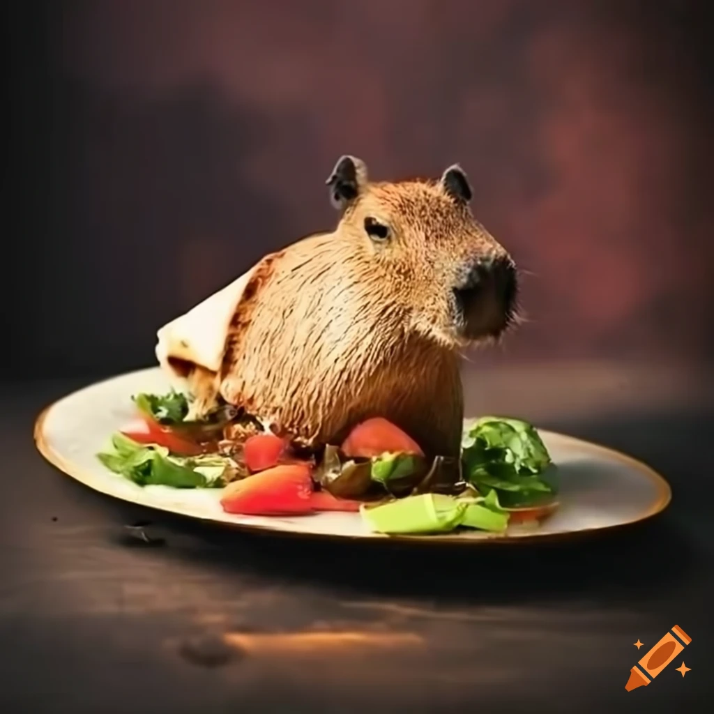 Cute small capybara in chef outfit cooking pancakes on Craiyon