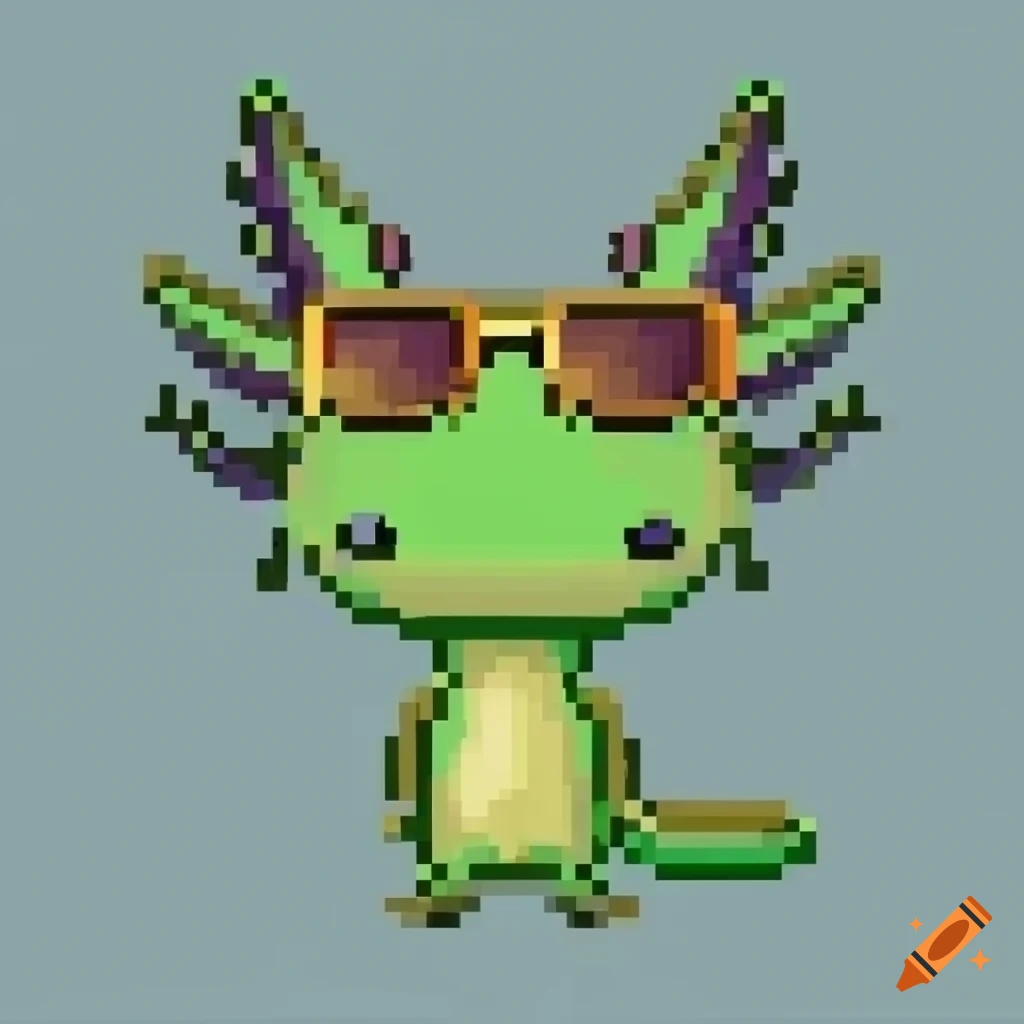 Pixel art of a happy green axolotl with golden glasses on Craiyon