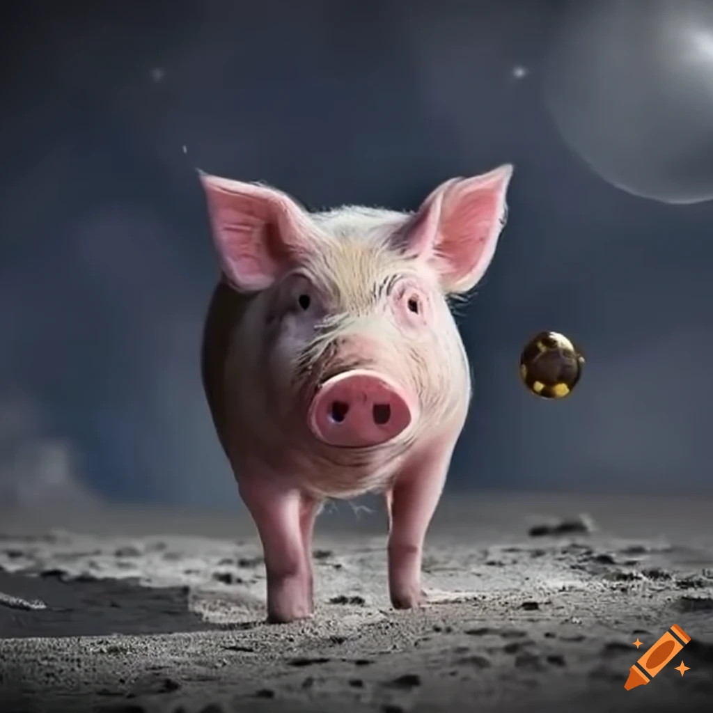 Pig playing football on the moon