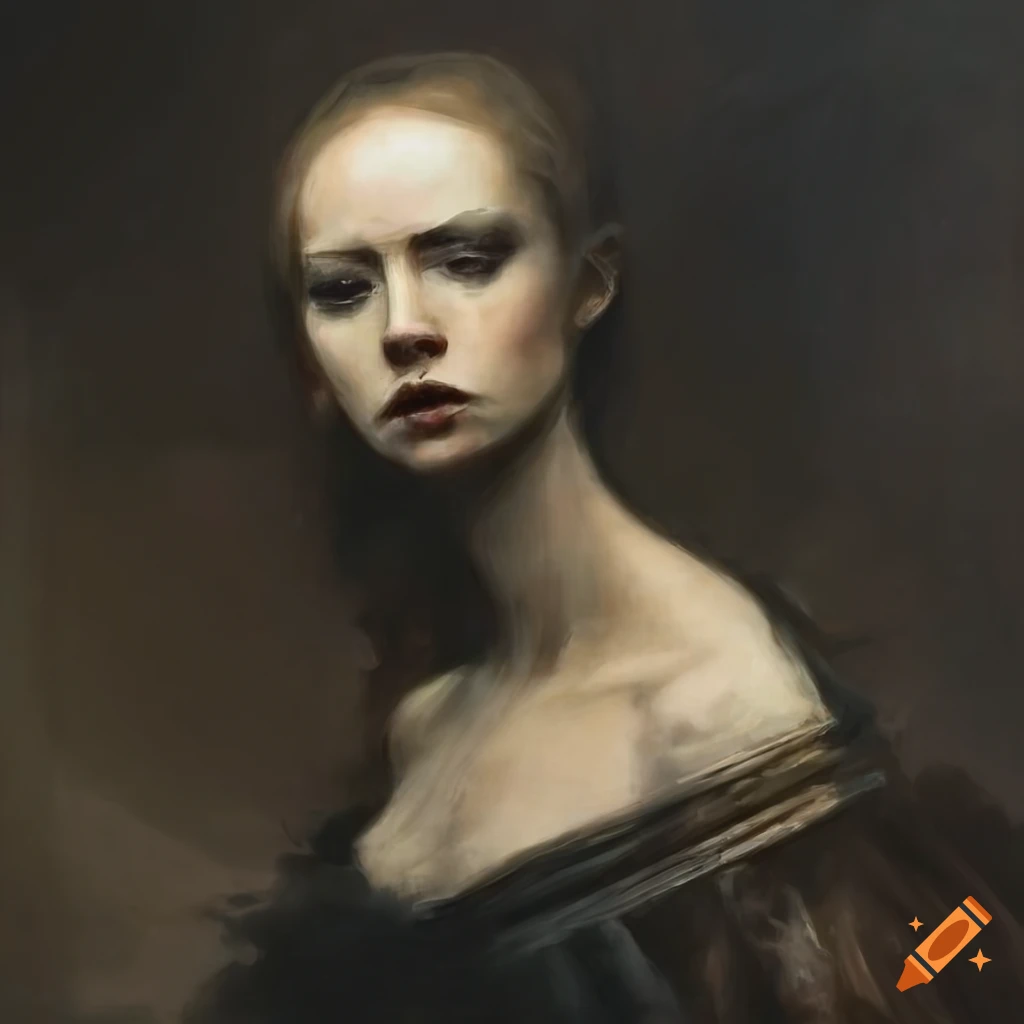 Dark romantic painting of a woman walking in a baroque style on Craiyon