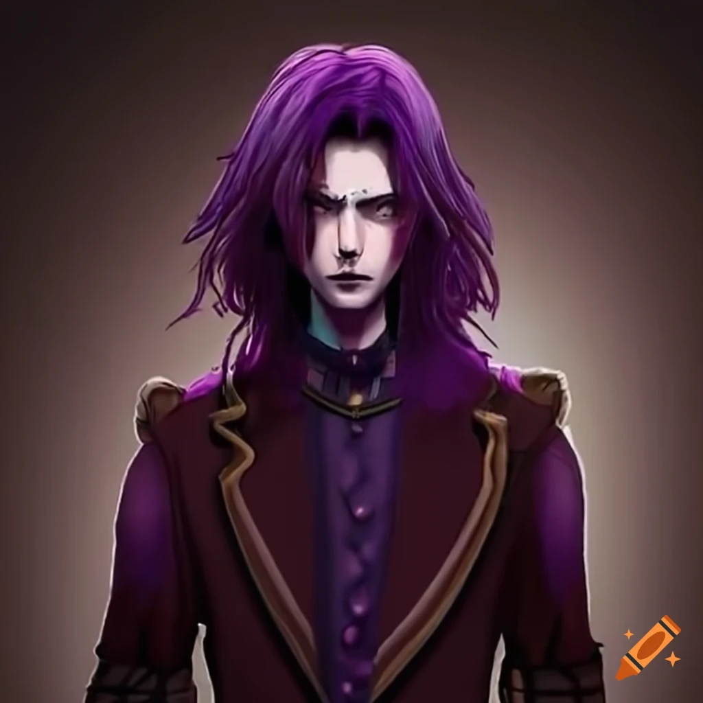 Portrait of a tall man with soft features and purple hair on Craiyon