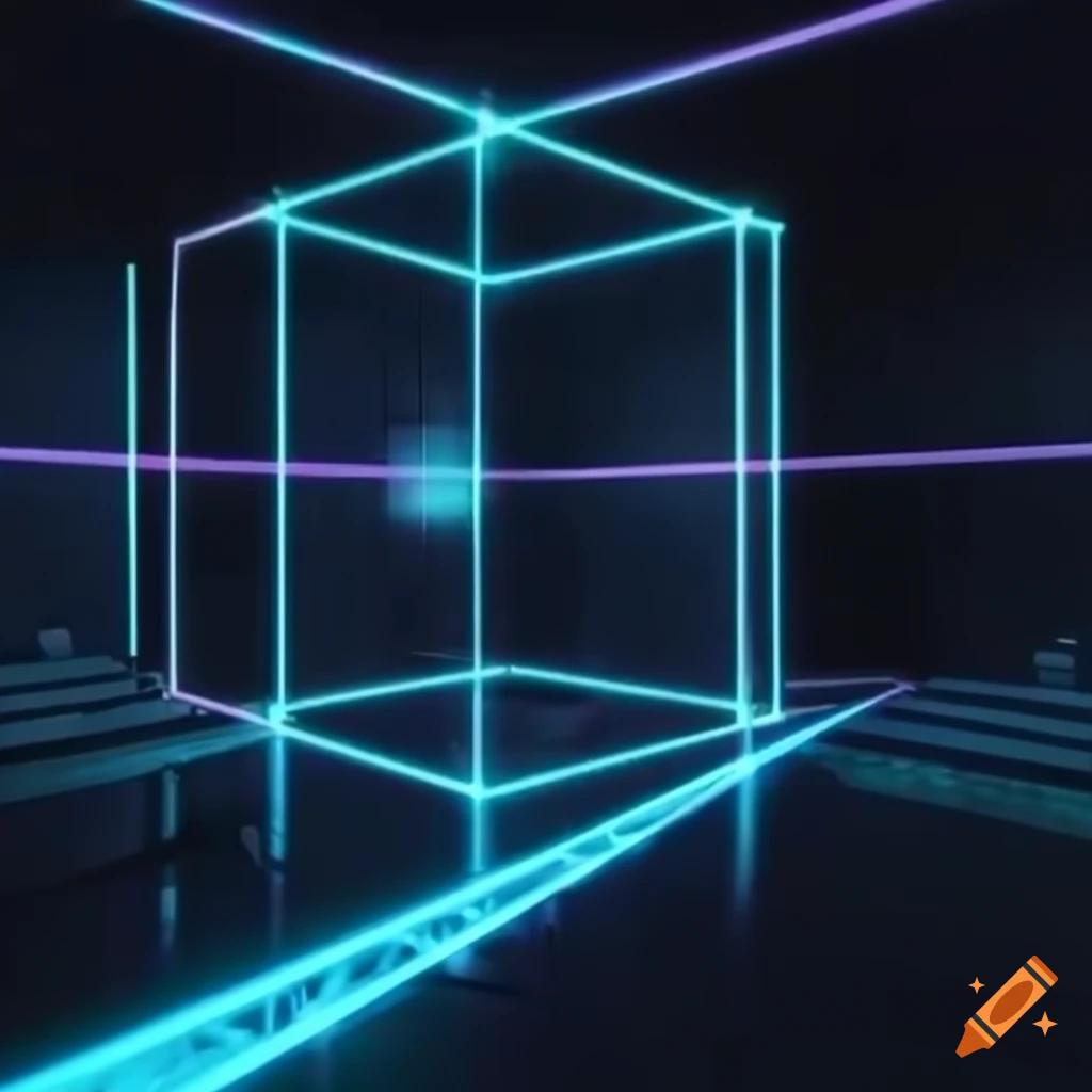 Virtual production studio with hologram hypercube and ai text
