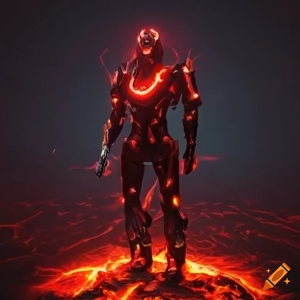 Cybernetic armor wielding an energy blade on a lava surface on Craiyon
