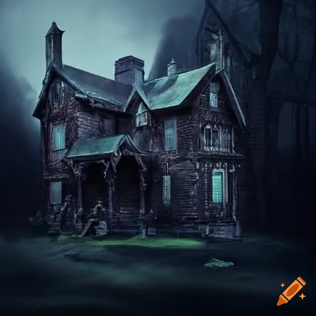 Purple haunted house with halloween decorations on Craiyon