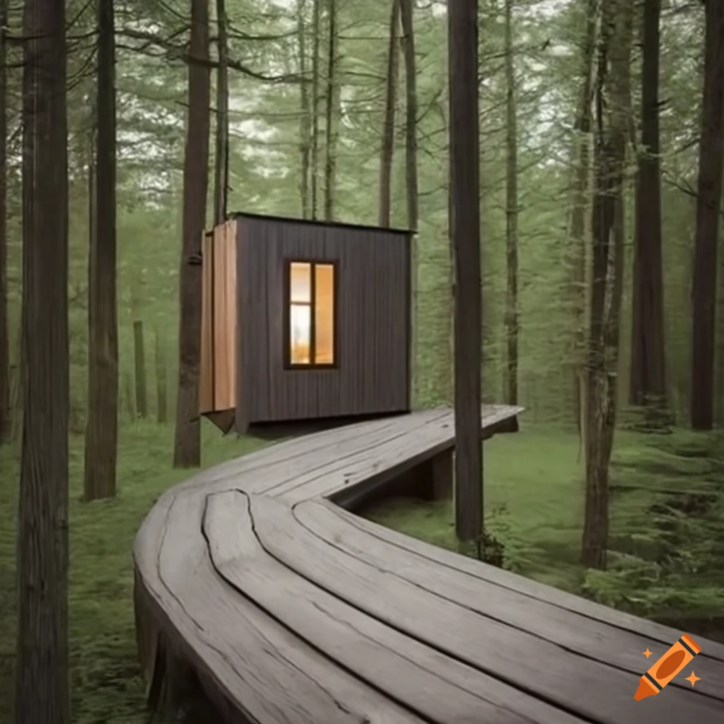 Small modern cabins in the woods with boardwalk