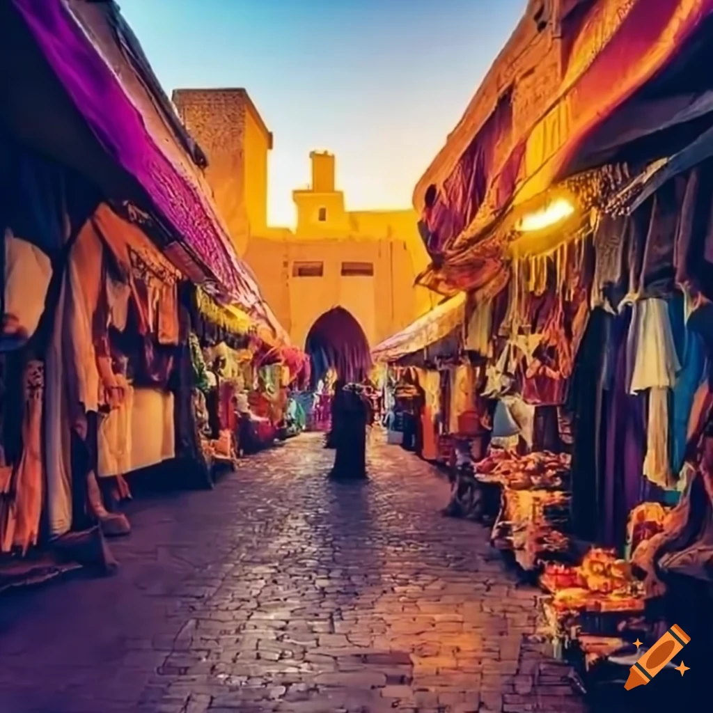 Colorful market stalls in a middle eastern city at sunrise