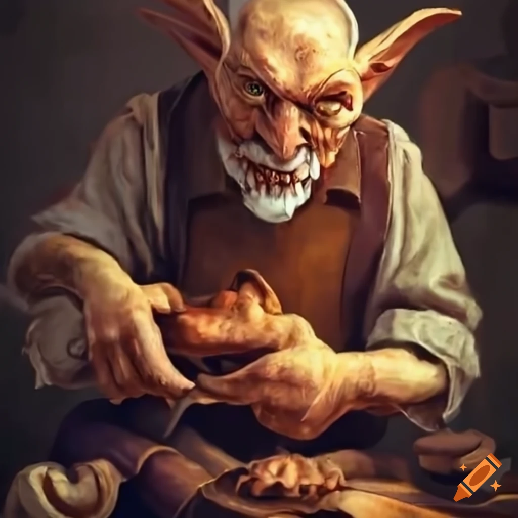 Illustration of a goblin cobbler working on shoes on Craiyon
