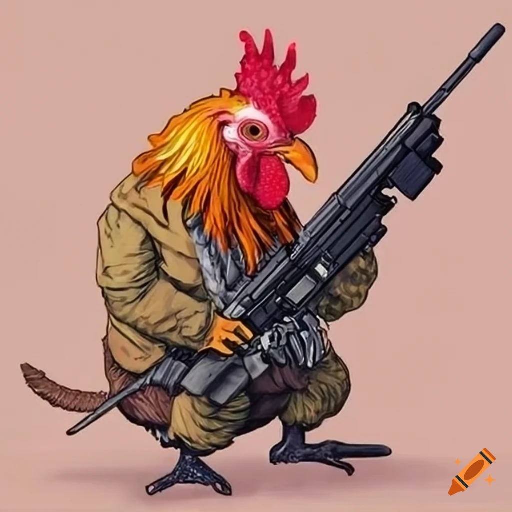 Humorous image of a rooster with a sniper rifle on Craiyon