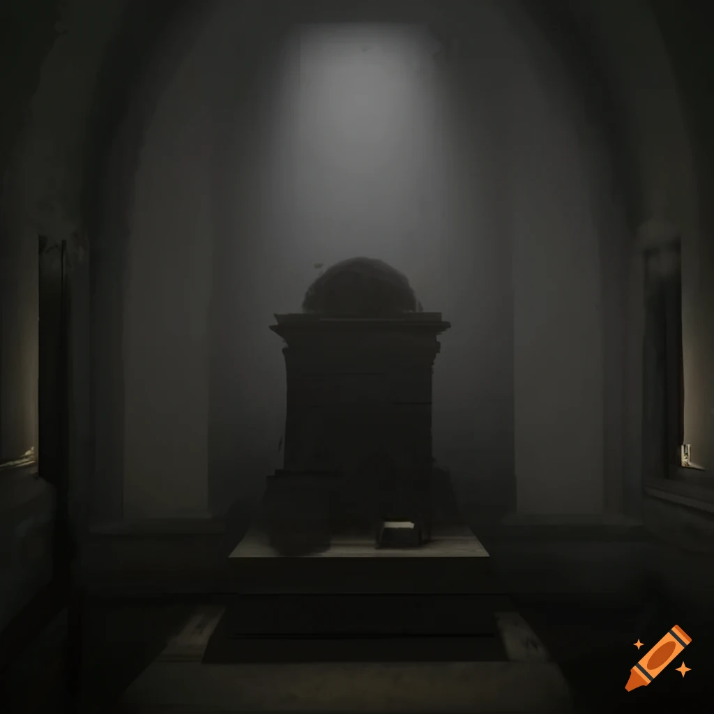 Artistic depiction of a gloomy room with a lit-up grave