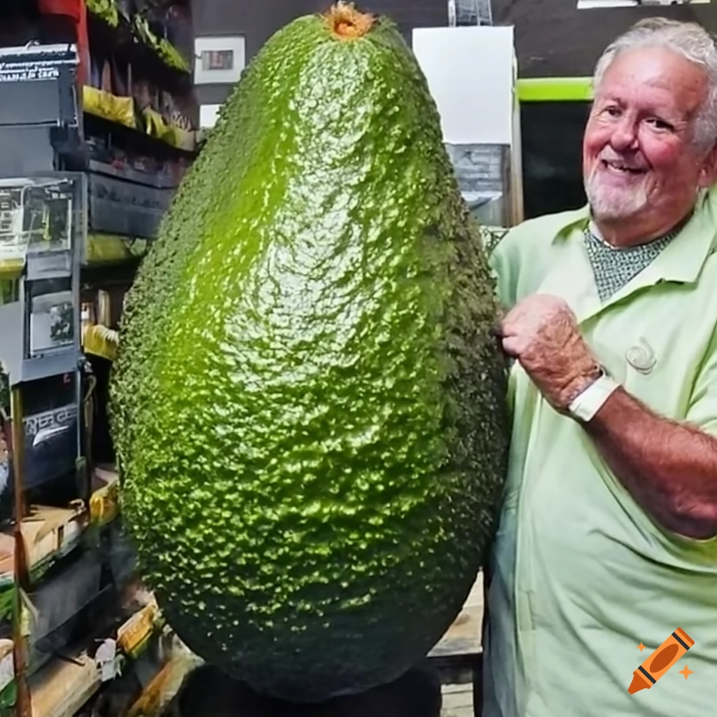 Historical photograph of a man beside a giant avocado