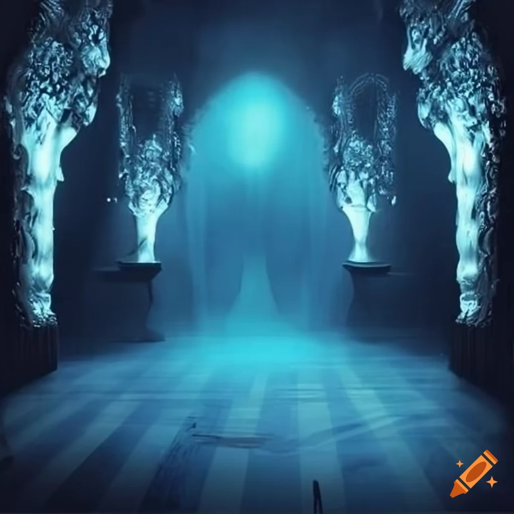 Stage design with blue lights and a scary atmosphere on Craiyon