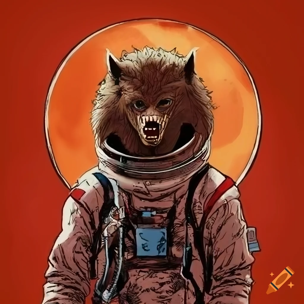 Pulp comic book cover with anna kendrick as a werewolf astronaut on Craiyon