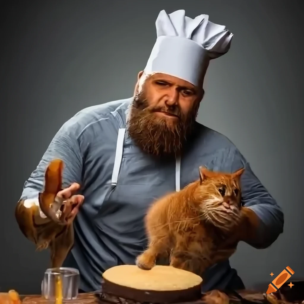 Man making pancakes in the kitchen with a cat as a head chef on Craiyon