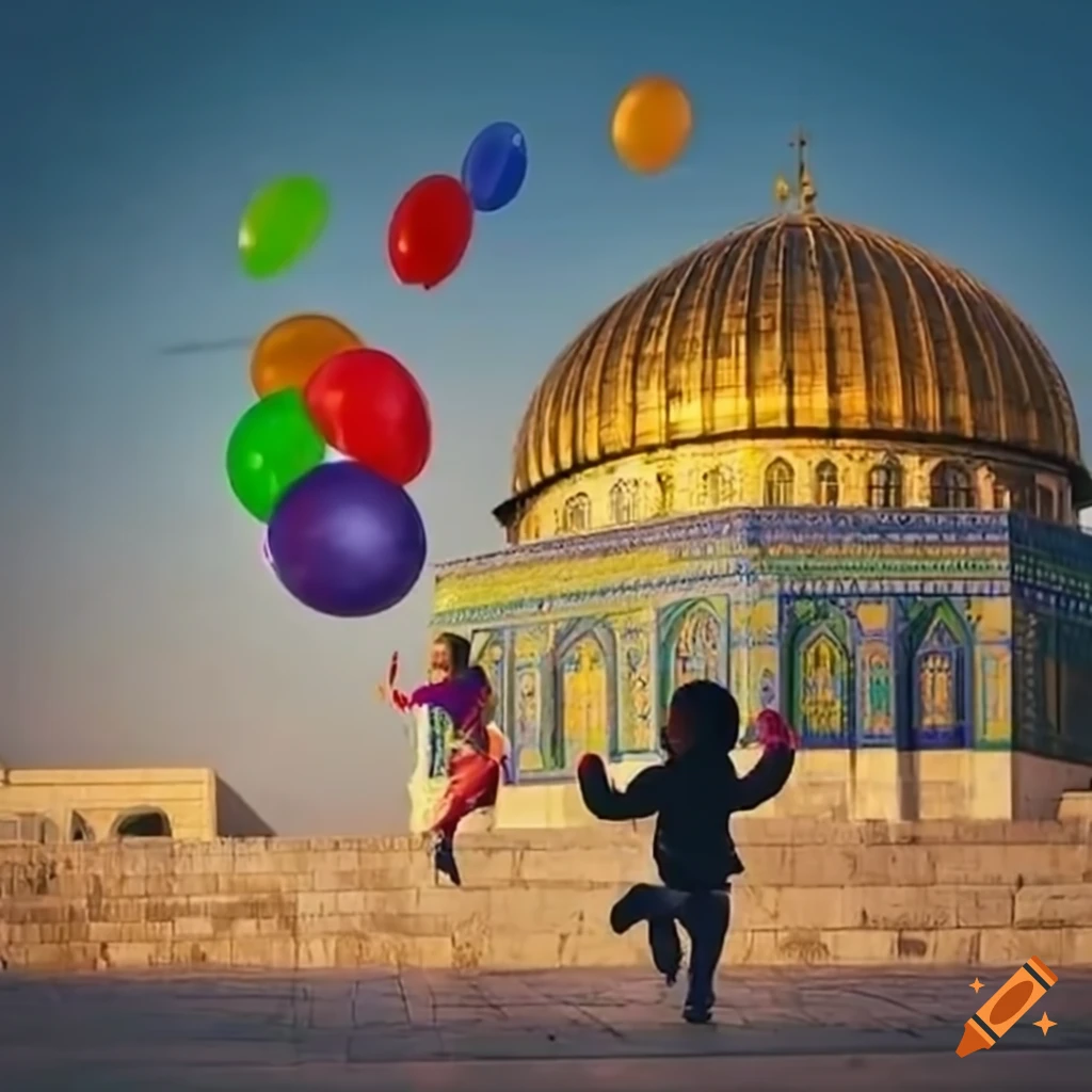 Children running with balloons in Masjid Al-Aqsa on Craiyon