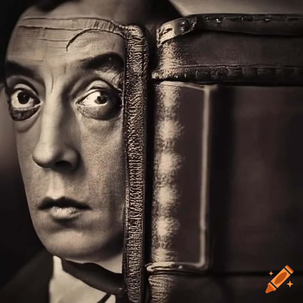 Vintage photo of buster keaton with a plaid suitcase on Craiyon