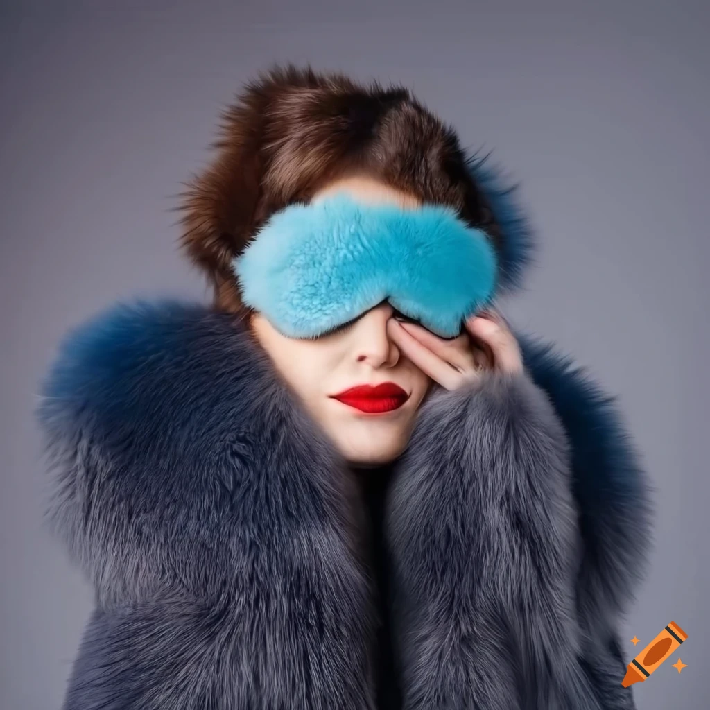 Woman wearing a fluffy fur coat and blue sleep mask on Craiyon