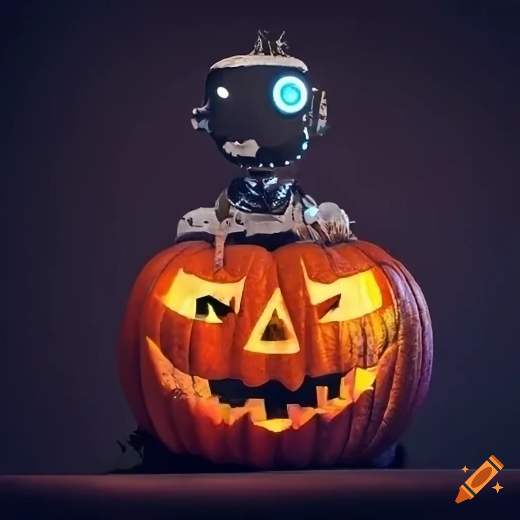 Concept art of a spooky pumpkin-headed robot on Craiyon