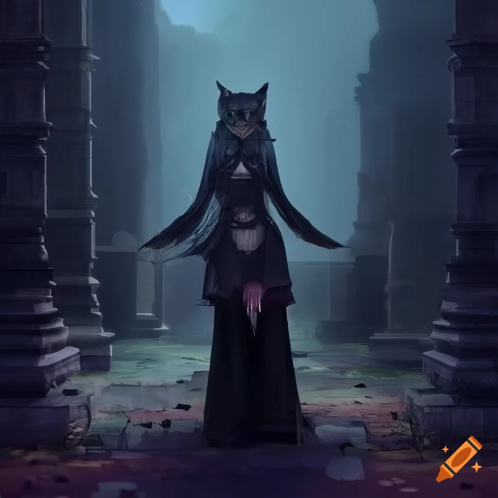 Concept art of a gothic anime cat girl in a ruined temple on Craiyon