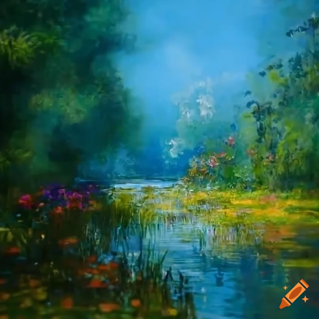 Monet-inspired painting of a colorful garden with flowers and a lake
