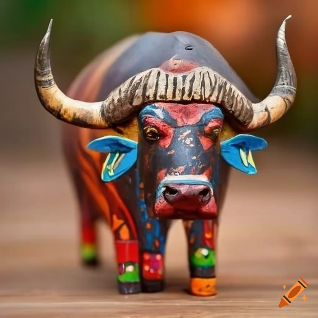 Colorful wooden buffalo statue on Craiyon