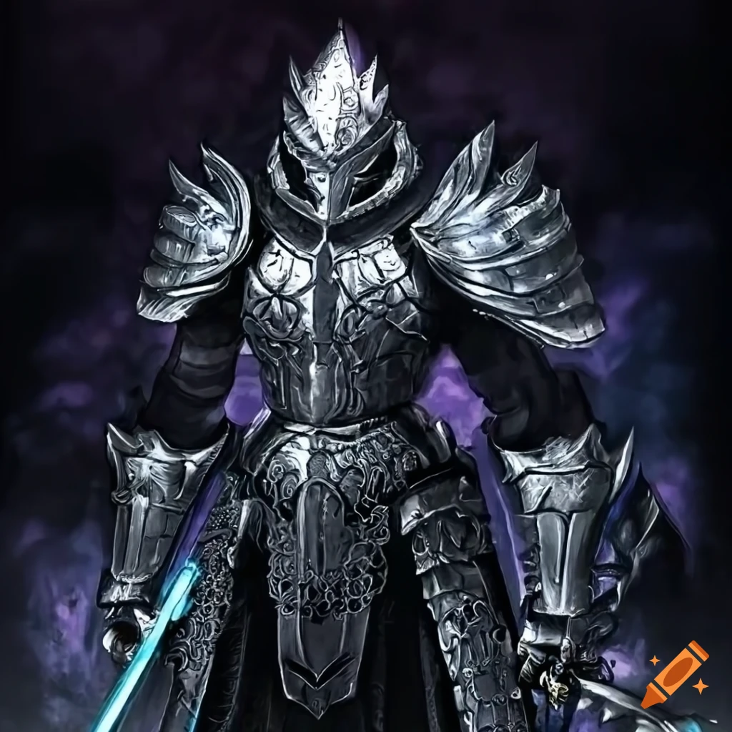 Image of a powerful knight with a holy sword and blue flames on Craiyon