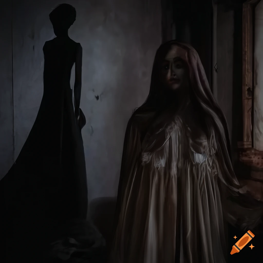 Detailed and realistic portrait of a ghostly madam by a fireplace on ...