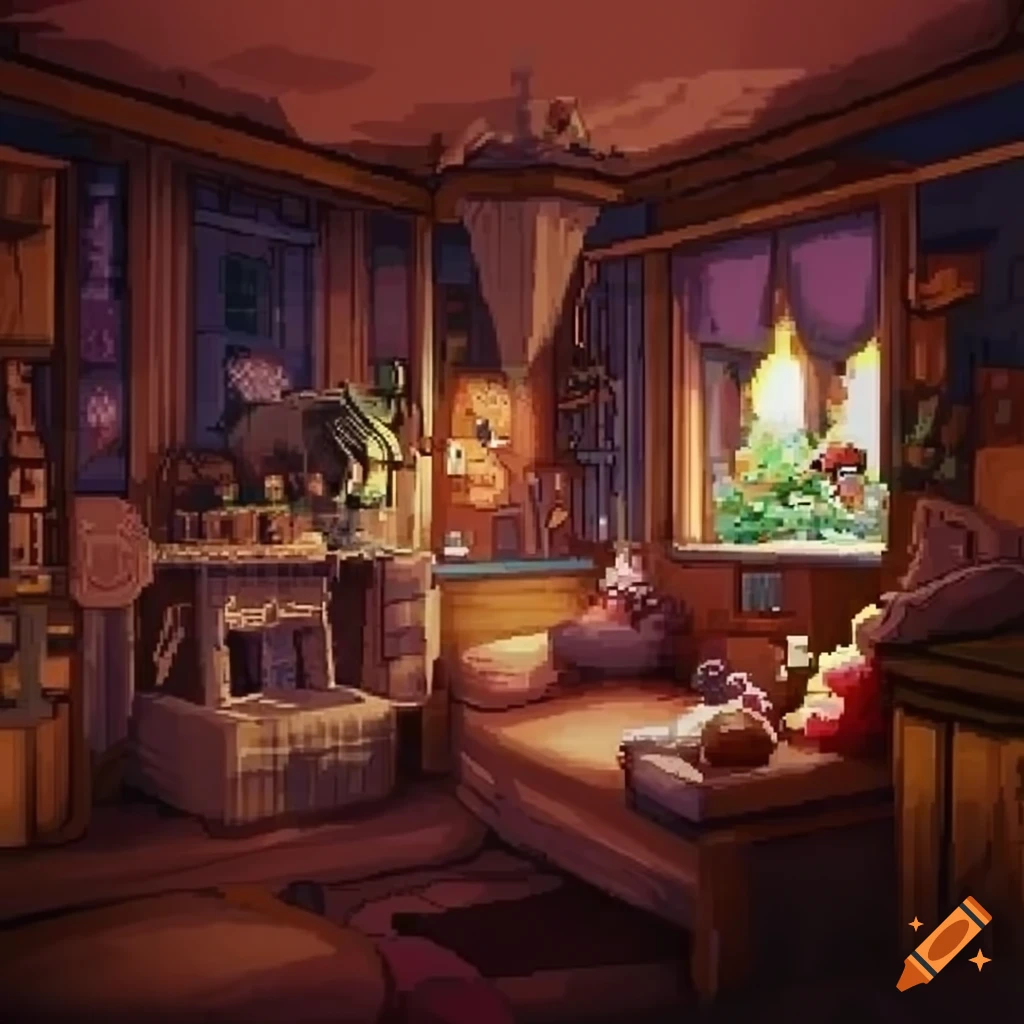 Pixel art of a cozy and cute fantasy home on Craiyon