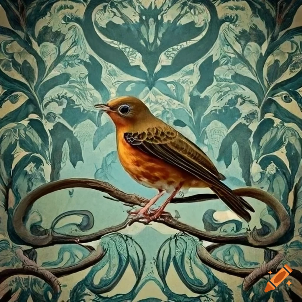 Art nouveau Andean slaty thrush on a branch with vintage wallpaper ...
